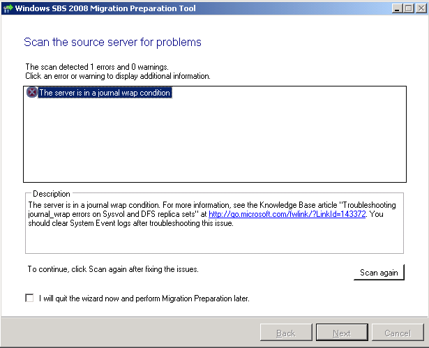 The SBS 2008 Migration Preparation Tool (Source Tool) keeps reporting that the server is in ...