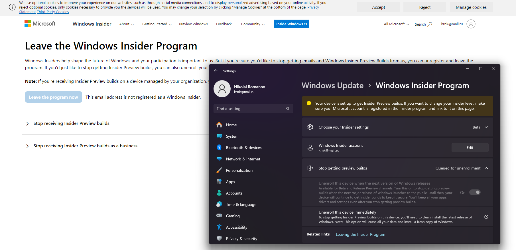I can't leave the insider program | Microsoft Community Hub