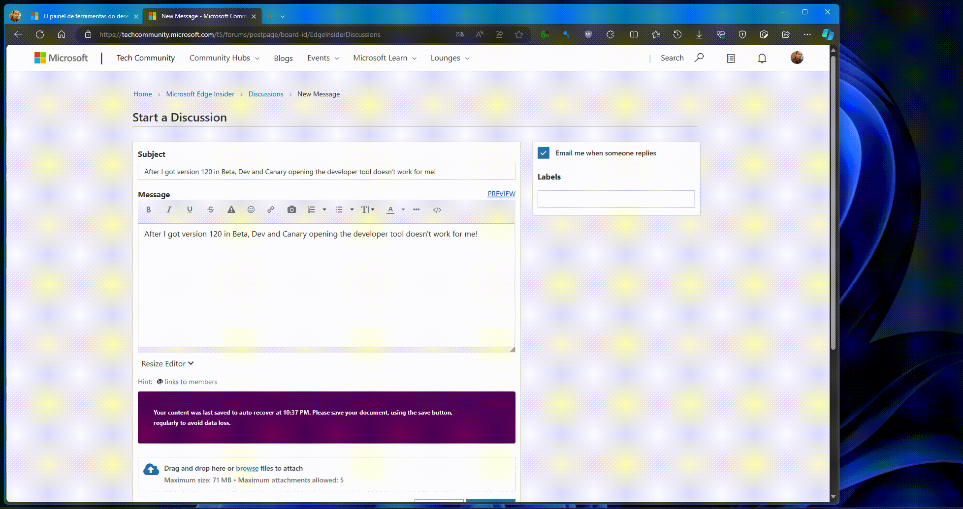 After version 120 in Beta, Dev and Canary opening the developer tool ...