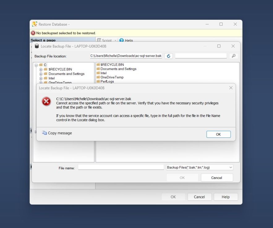 Bak file not visible when trying to restore database | Microsoft ...